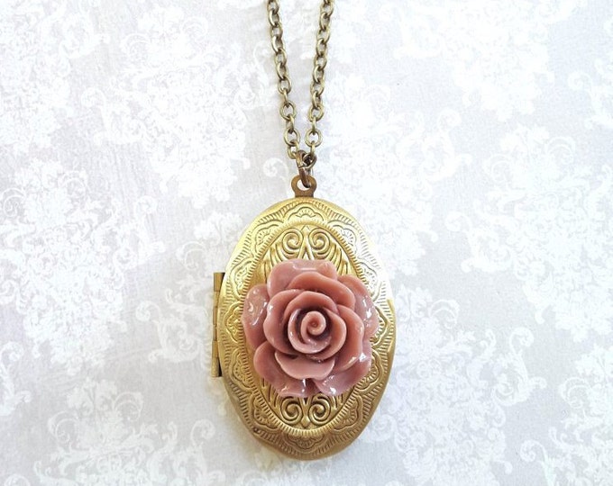 Rose Locket Necklace Dusty Pink Wedding Oval Photo Locket - Etsy