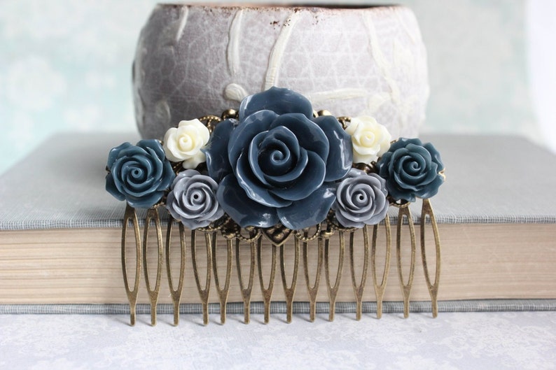 Grey Rose Hair Comb Navy Blue Rose Floral Collage Comb | Etsy