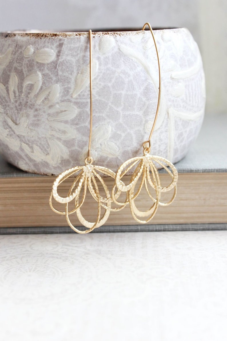 Long Gold Earrings Gold Dangle Modern Abstract Floral Filigree Earrings ...