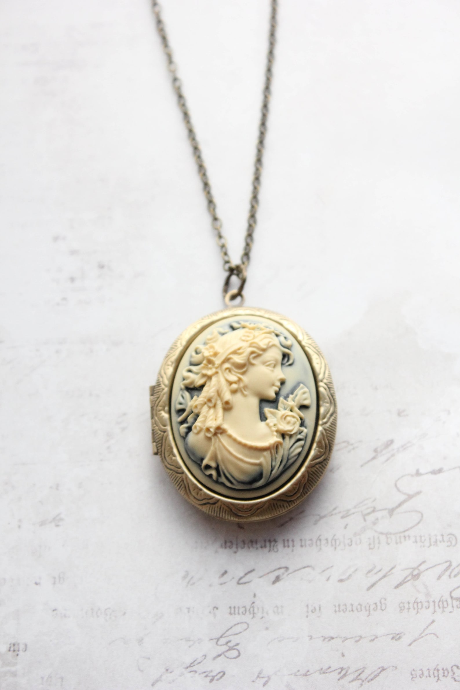 Large Locket Necklace, Photo Locket, Big Cameo Pendant, Cream Lady on ...