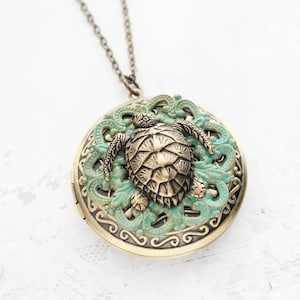 Turtle Locket Necklace Large Round Picture Locket Pendant Keepsake ...