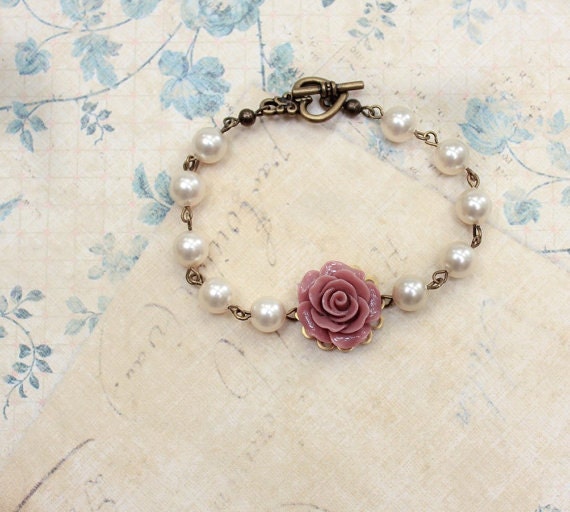 Rose Bracelet Dusty Pink Rose Pearl Bracelet Floral Bridal Accessories ...