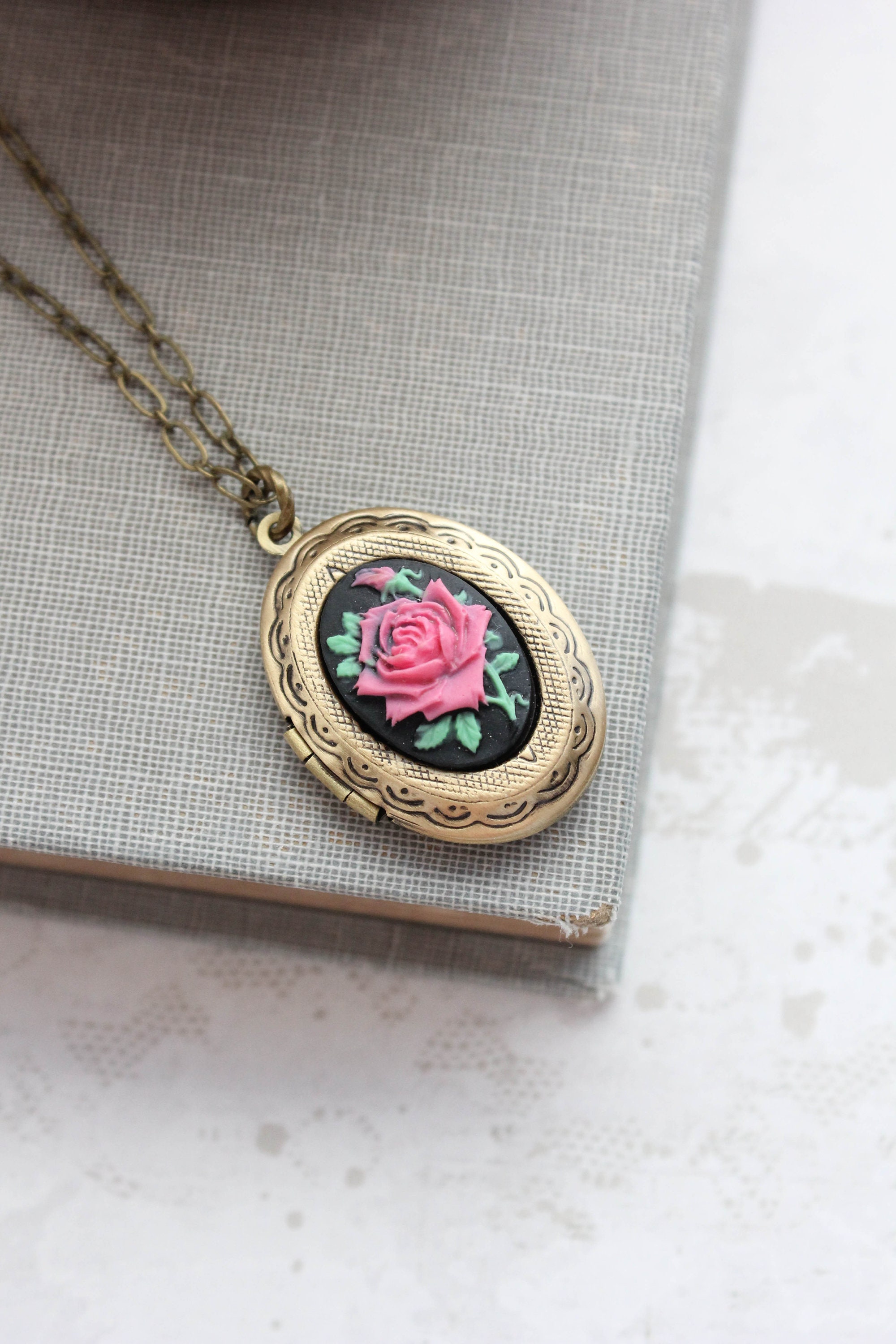 Hot Pink Rose Locket Necklace Photo Locket Vintage Style | Etsy