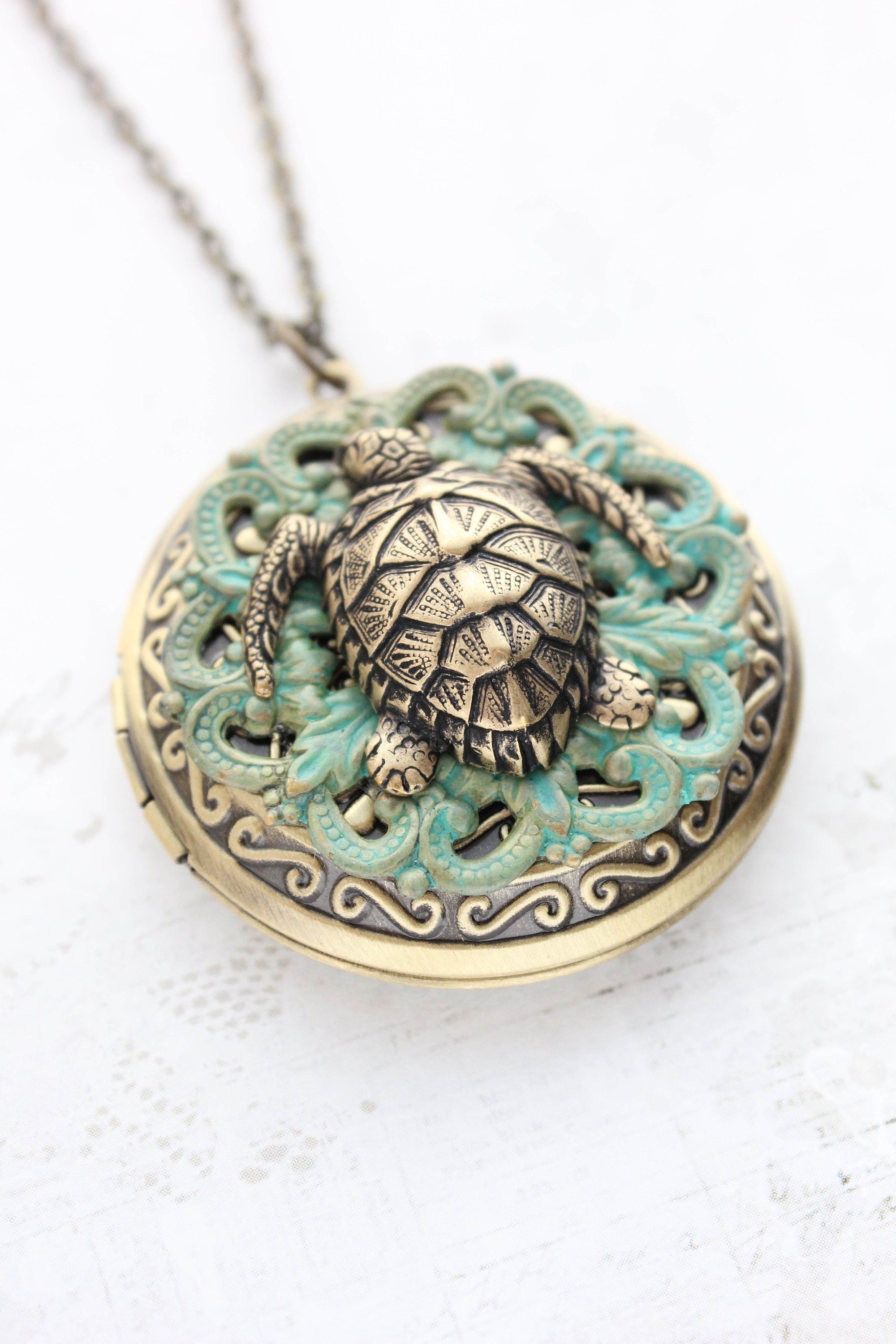 Turtle Locket Necklace Large Round Picture Locket Pendant Keepsake ...
