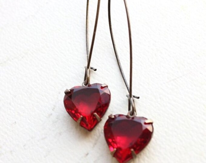 Ruby Red Heart Earrings Red Vintage Glass Drop Earrings Romantic ...
