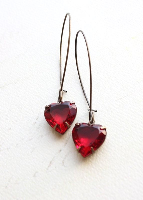 Ruby Red Heart Earrings Red Vintage Glass Drop Earrings | Etsy