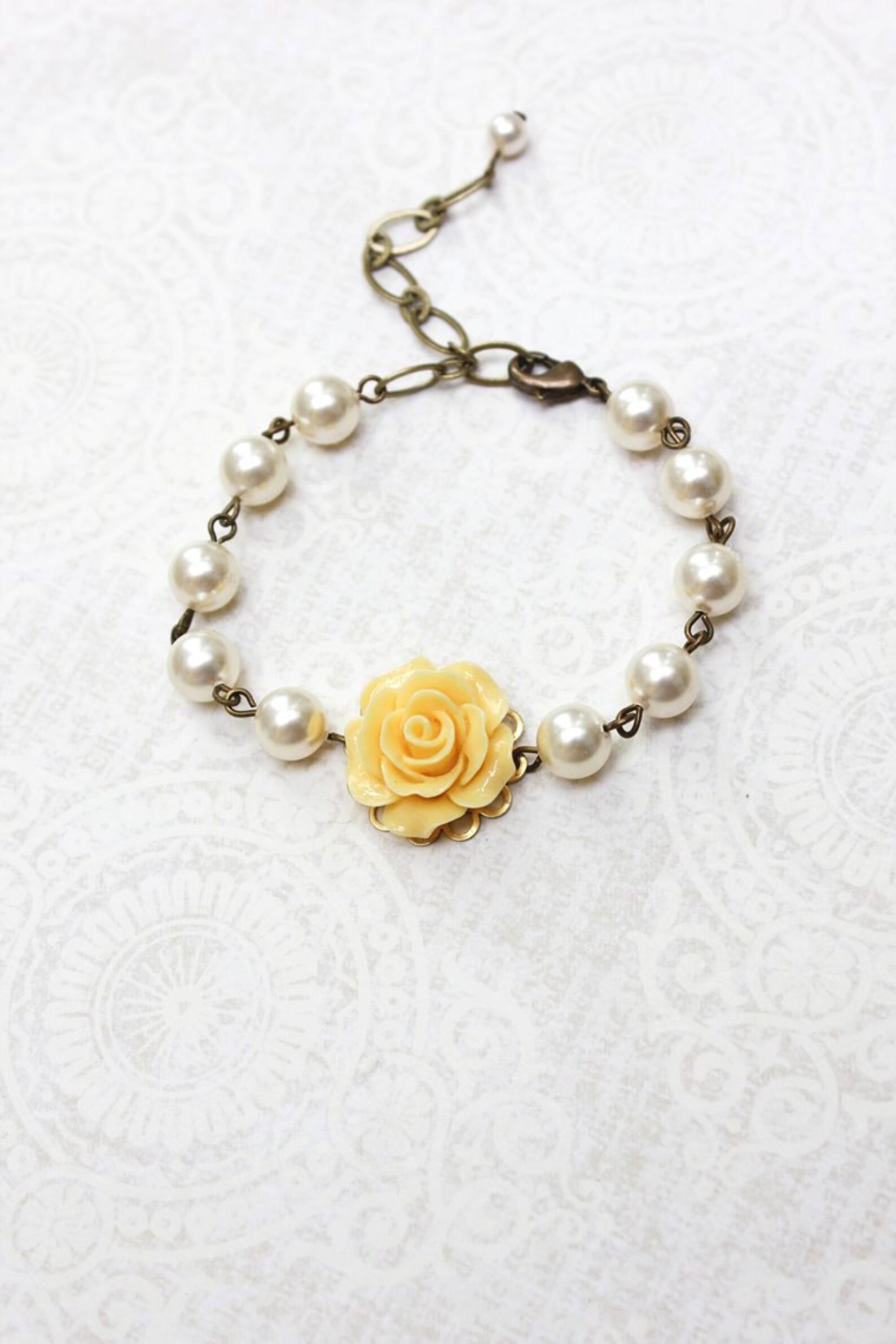 Bridemaids Gift Yellow Rose Bracelet Pearl Bracelet Flower Bracelet ...