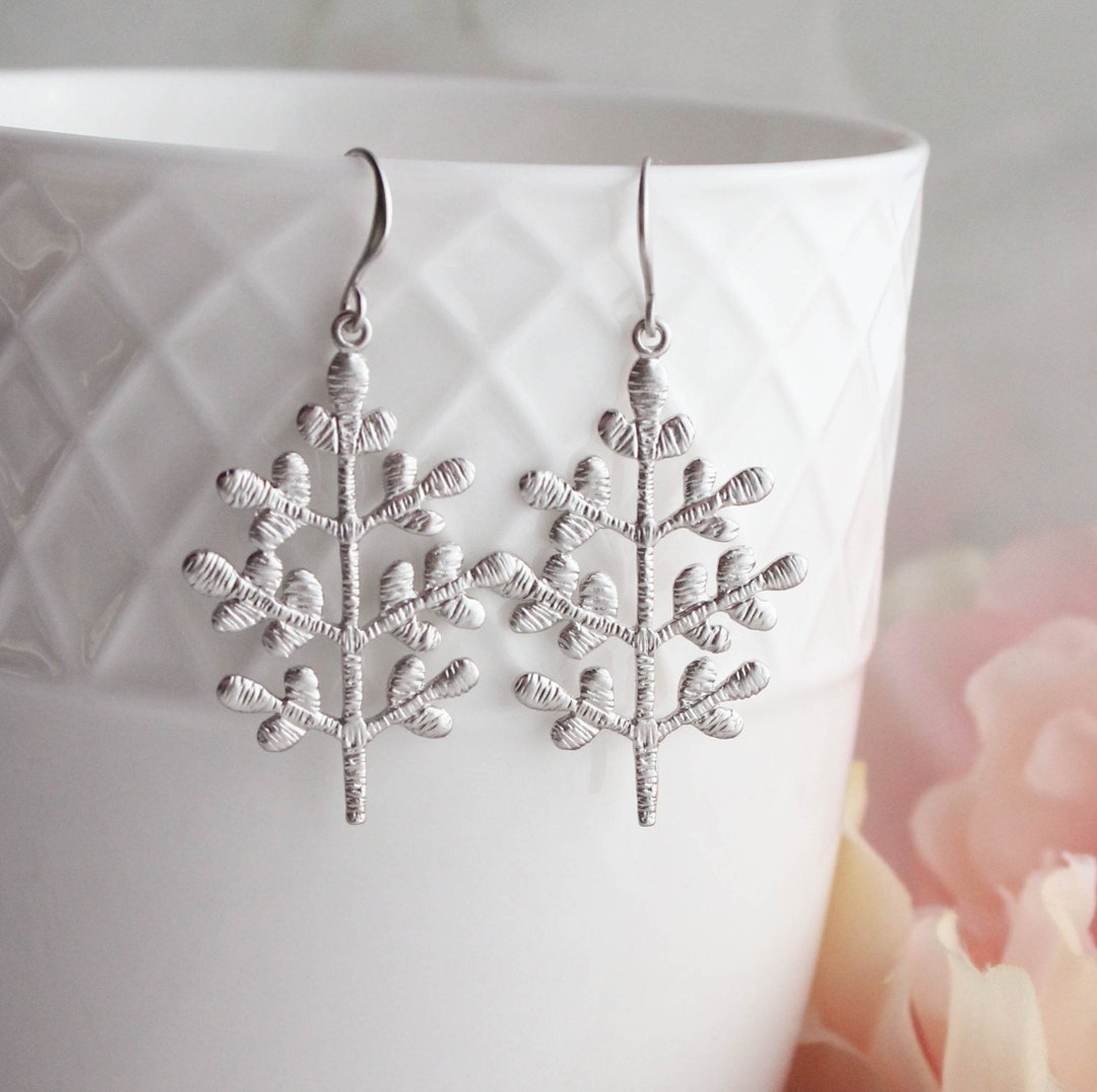 Silver Branch Earrings Leafy Tree Earrings Nature Inspired Woodland Wedding Lightweight Nickel ...