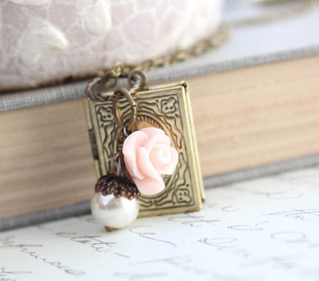 Book Locket Necklace Romantic Locket Pendant Pink Rose White - Etsy