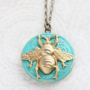Bee Locket Necklace Raw Gold Brass Aqua Turquoise Patina Insect Wings ...