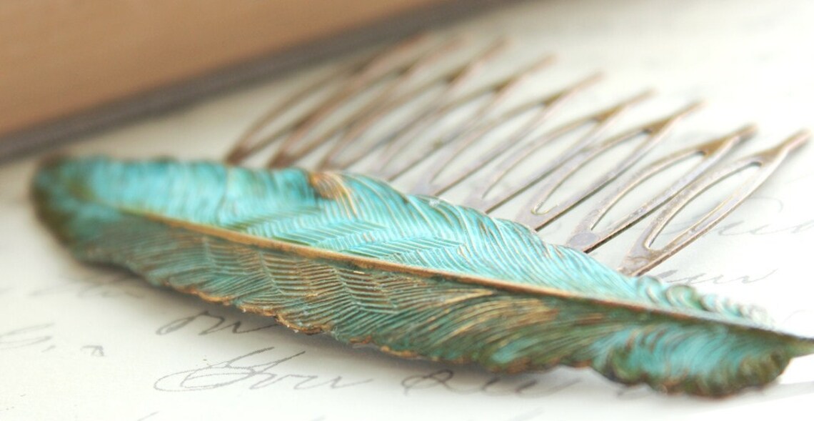 Big Feather Hair Comb Teal Verdigris Patina Woodland Wedding Bird ...