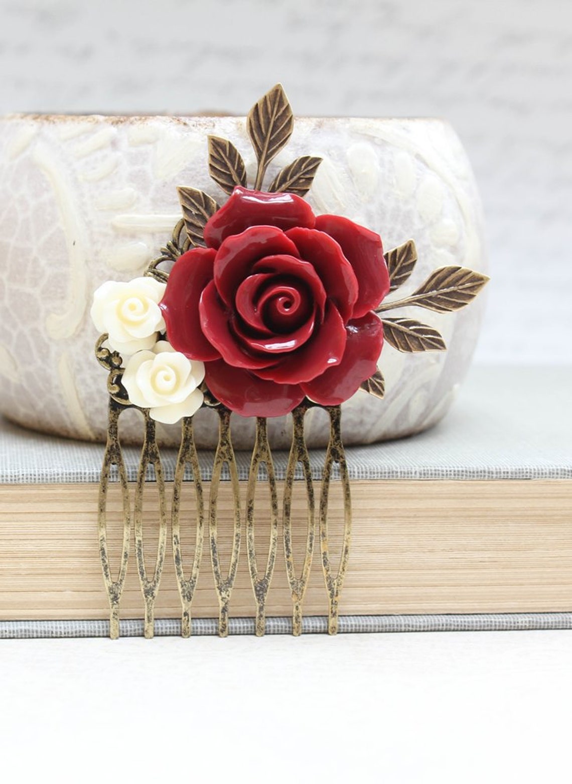 Red Rose Comb Floral Collage Hair Accessories Cream Rose Dark - Etsy