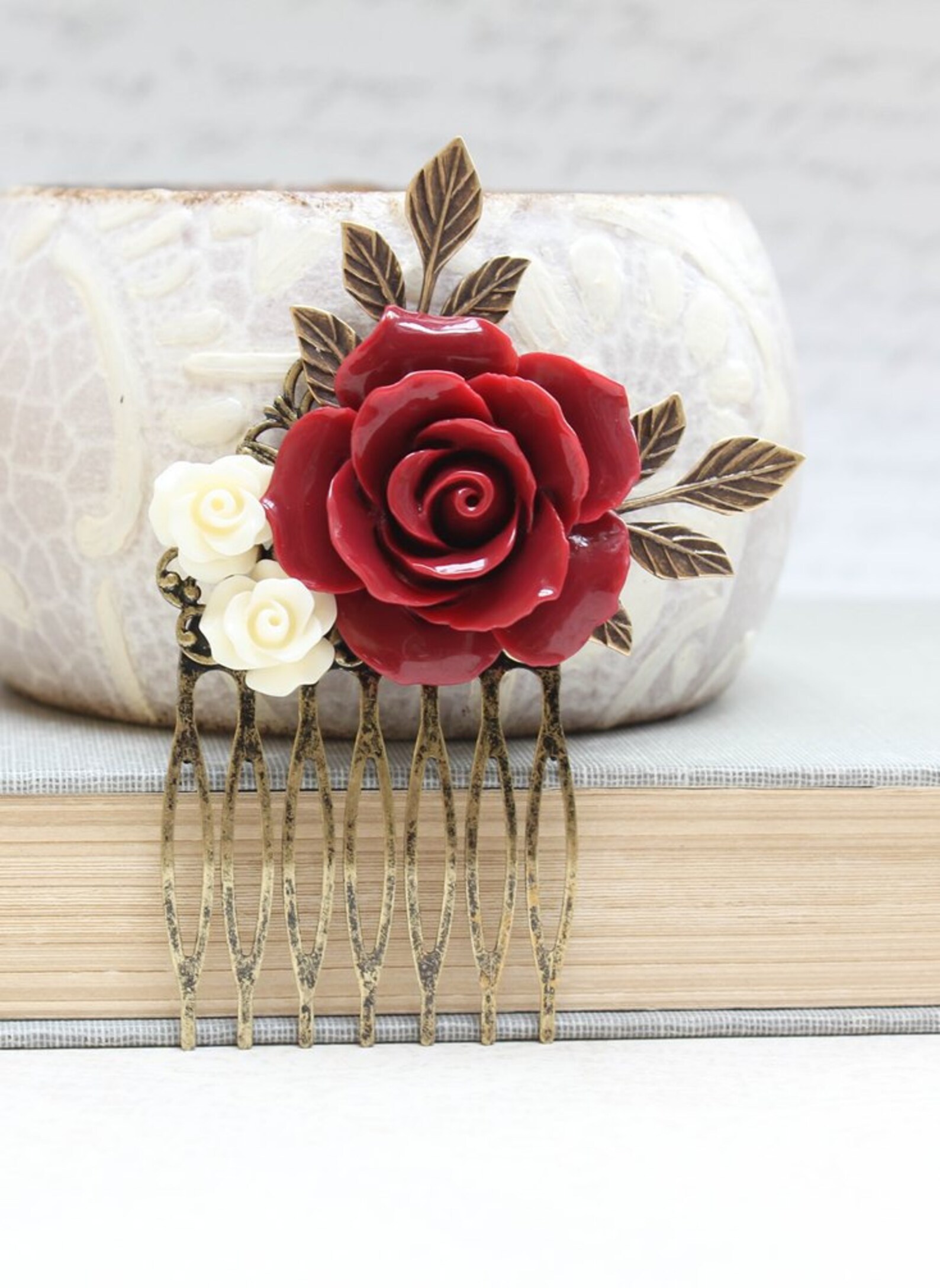 Red Rose Comb Floral Collage Hair Accessories Cream Rose Dark Red ...