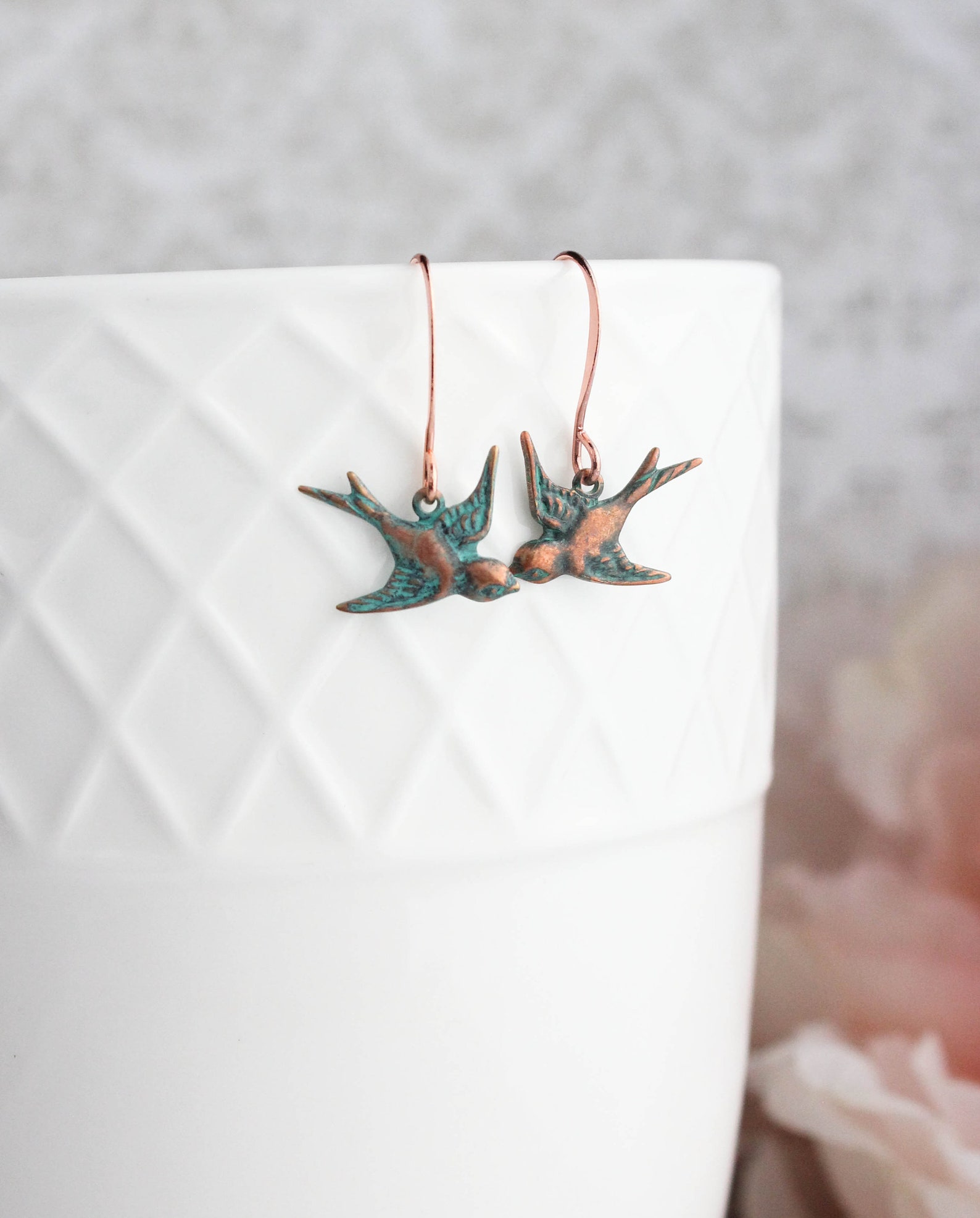 Flying Bird Earrings Copper Birds Small Drop Rustic Teal Patina ...