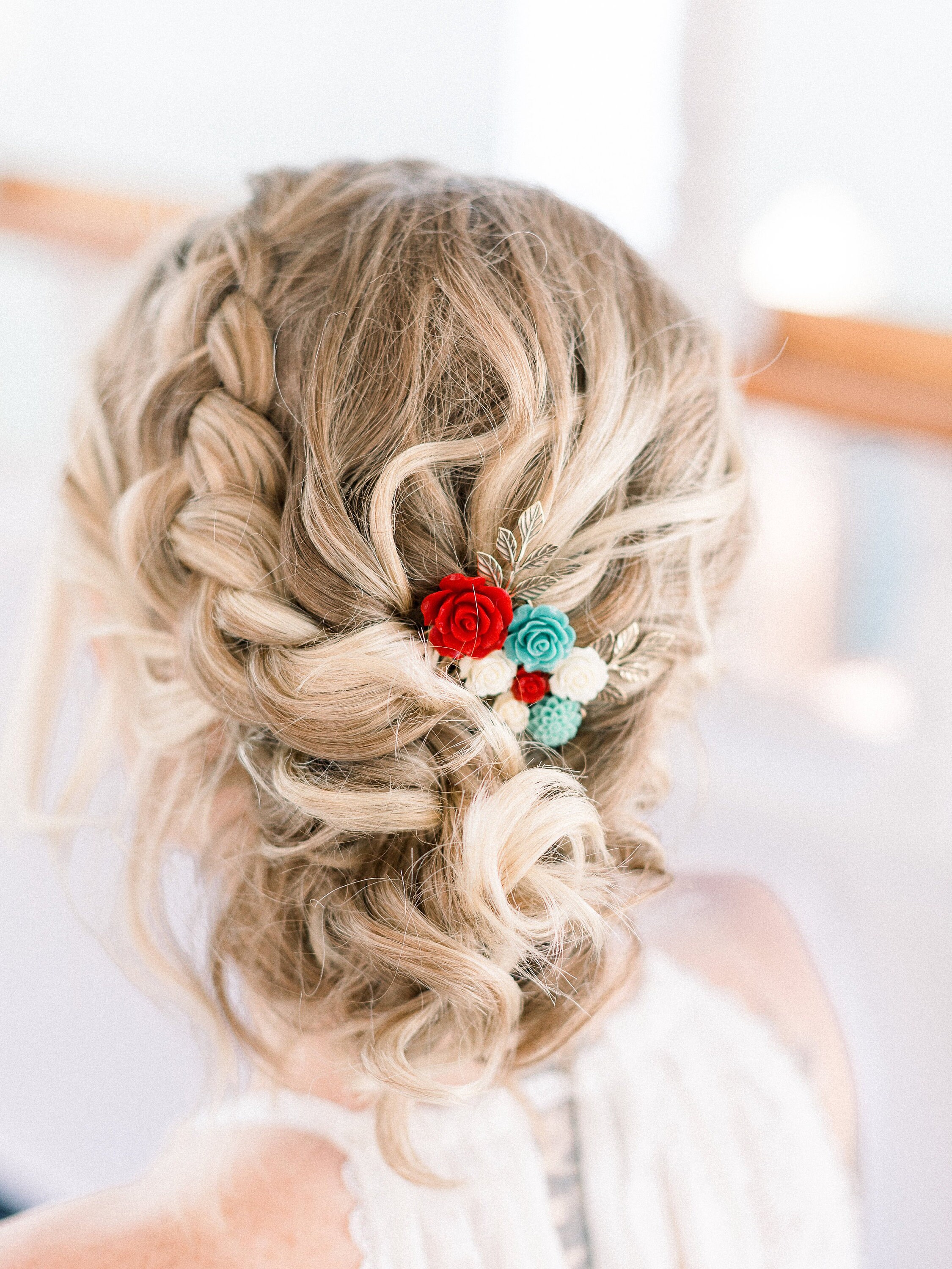 Floral Bridal Comb Teal and Red Rose Hairpiece Boho Chic | Etsy