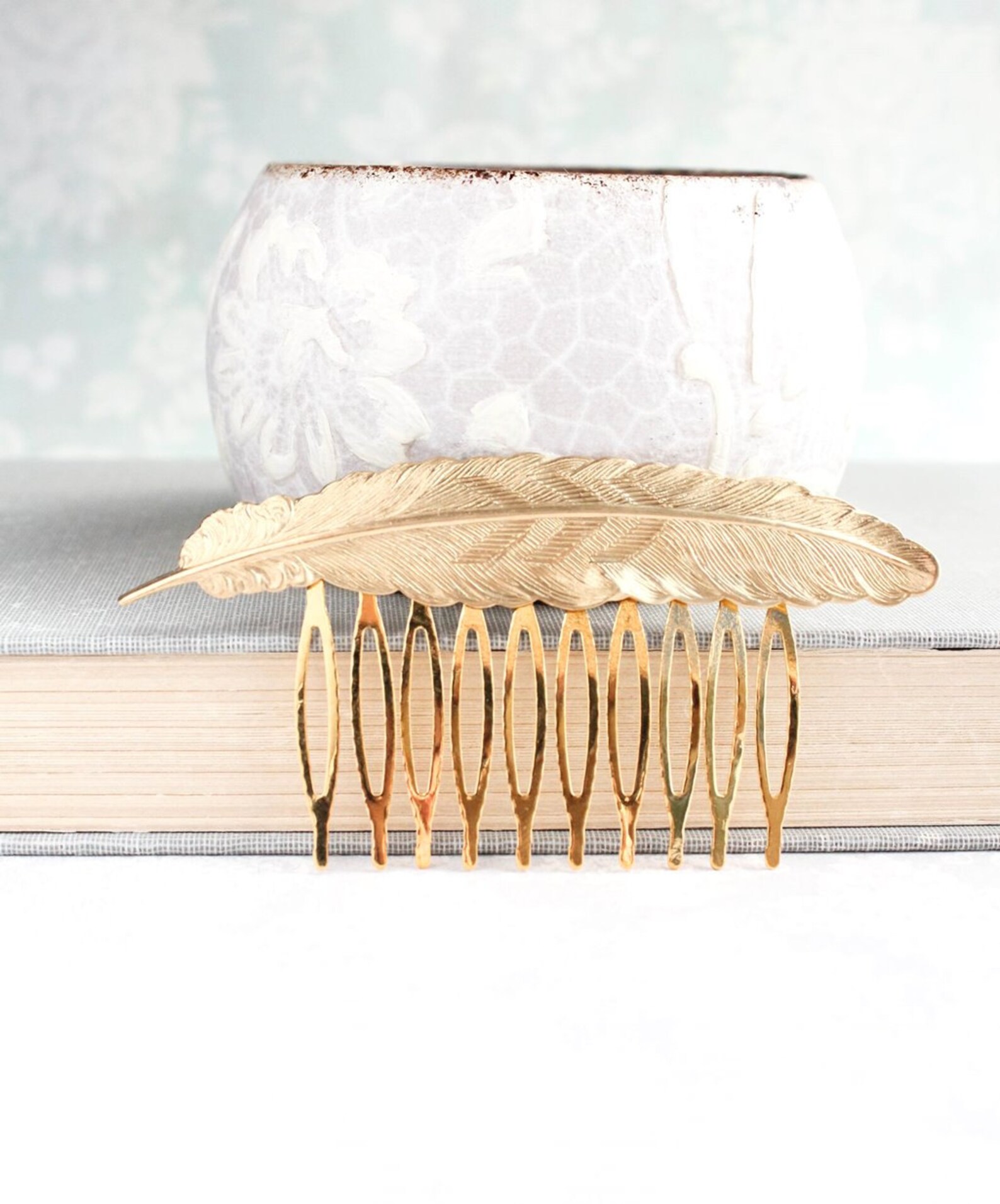 Gold Feather Comb Raw Gold Brass Large Feather Hair Piece Woodland ...