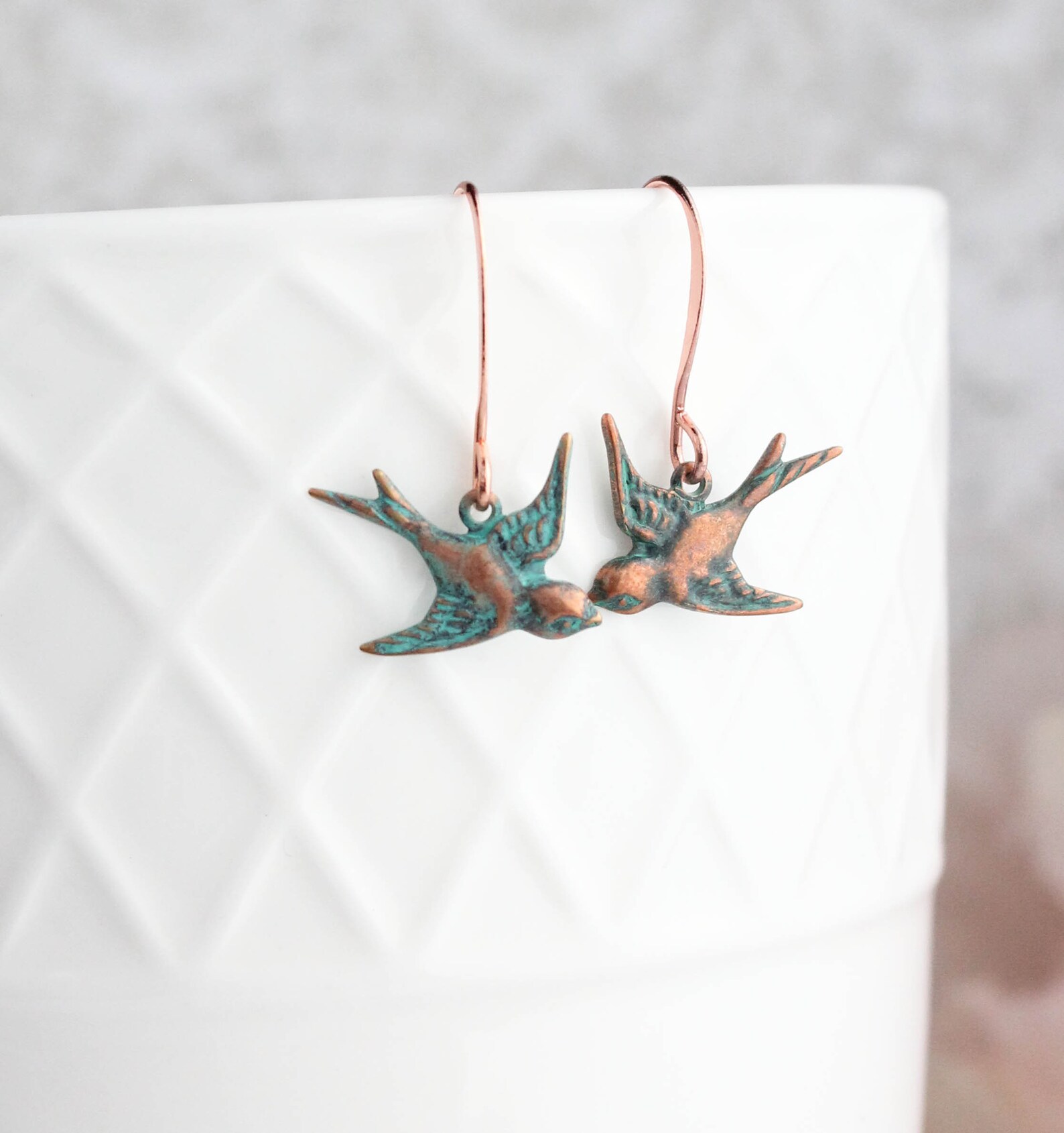 Flying Bird Earrings Copper Birds Small Drop Rustic Teal Patina ...
