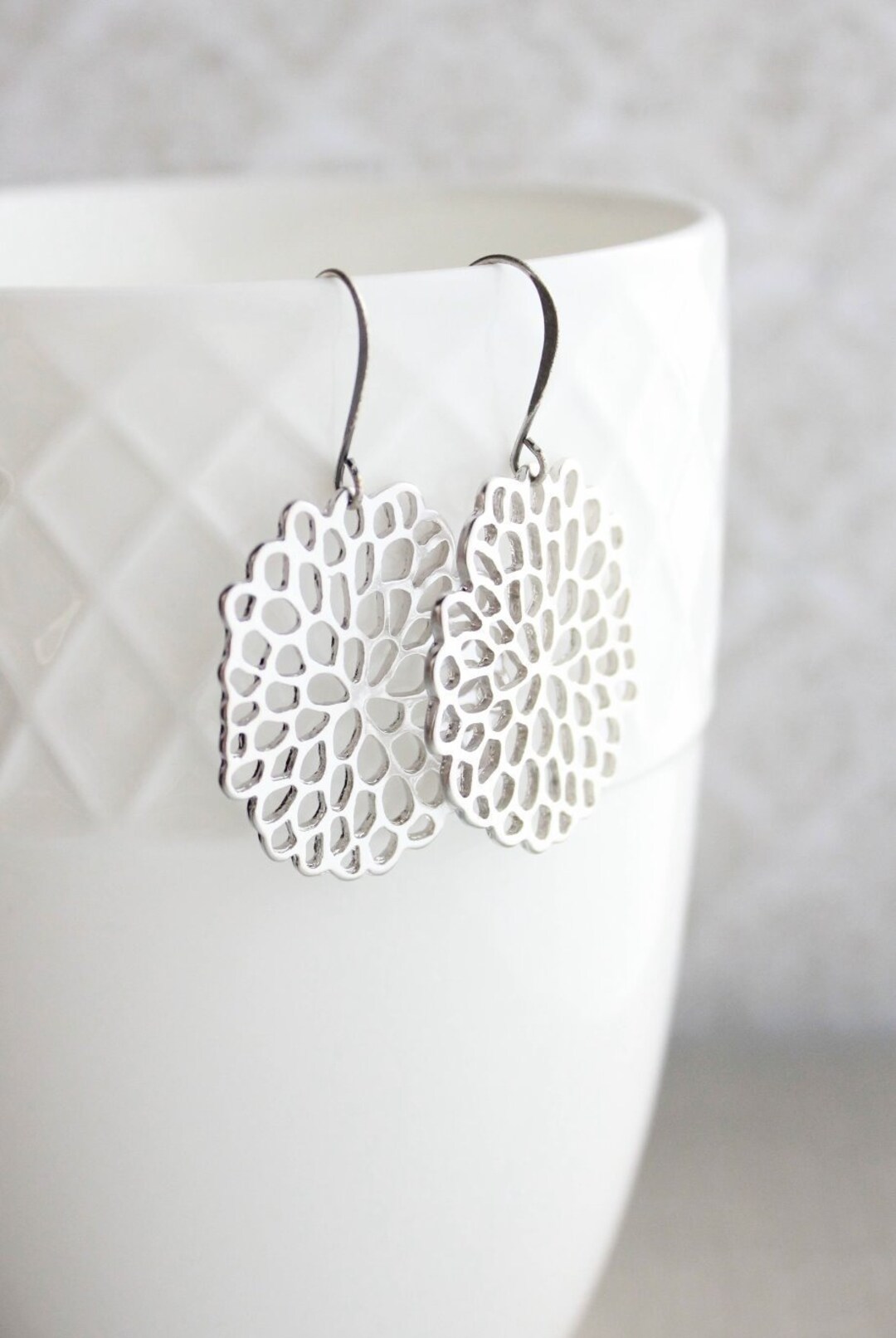Silver Flower Earrings Modern Floral Earrings Filigree Unique - Etsy