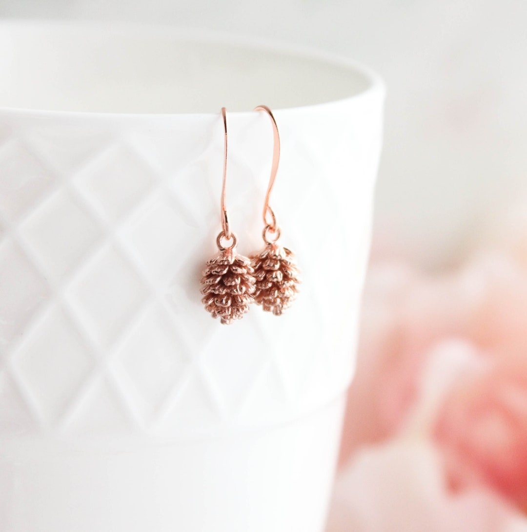 Bright Rose Gold Pinecone Earrings, Pine Cone Nature Jewellery, Woodland Wedding, Small Drop ...
