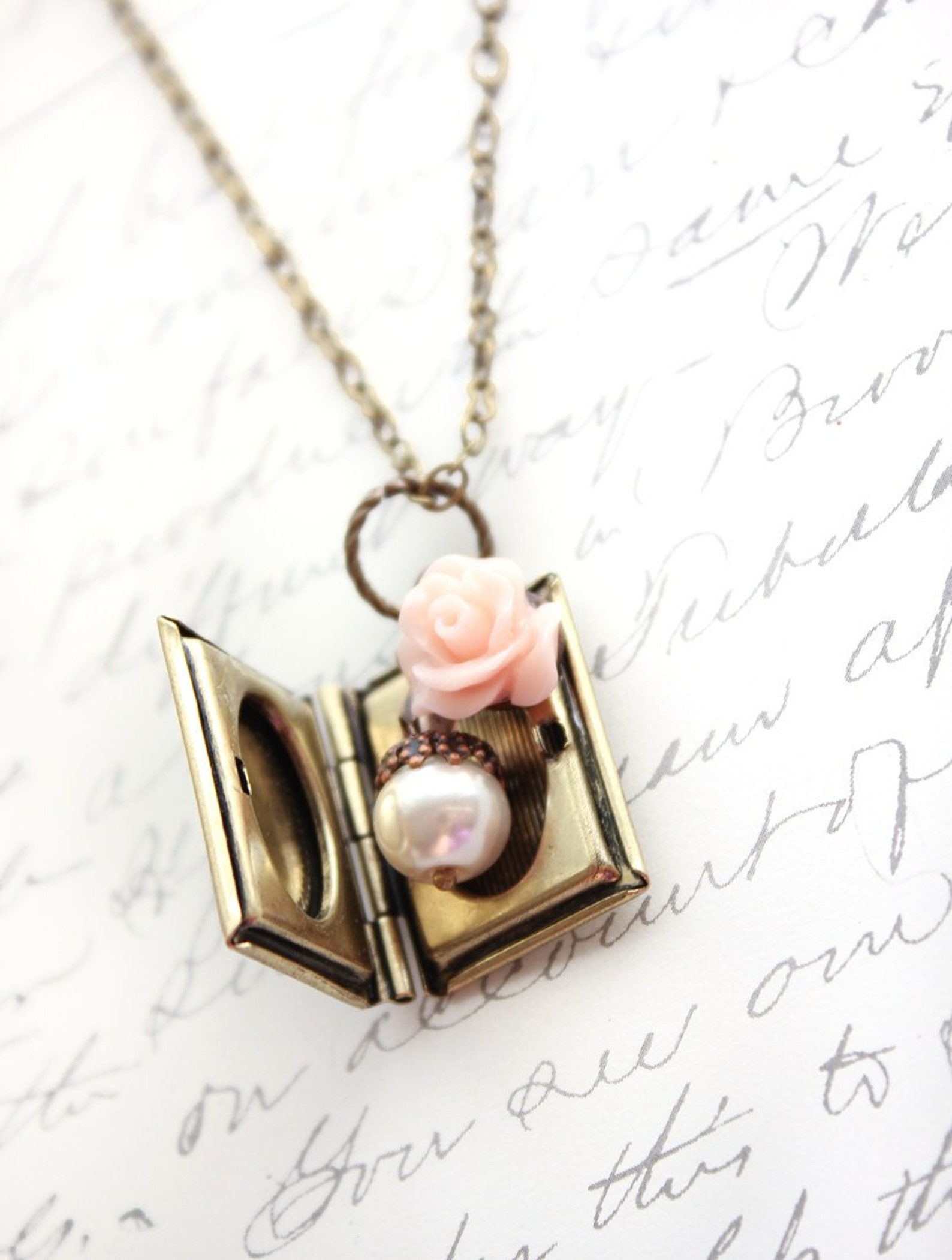 Book Locket Necklace Romantic Locket Pendant Pink Rose White - Etsy