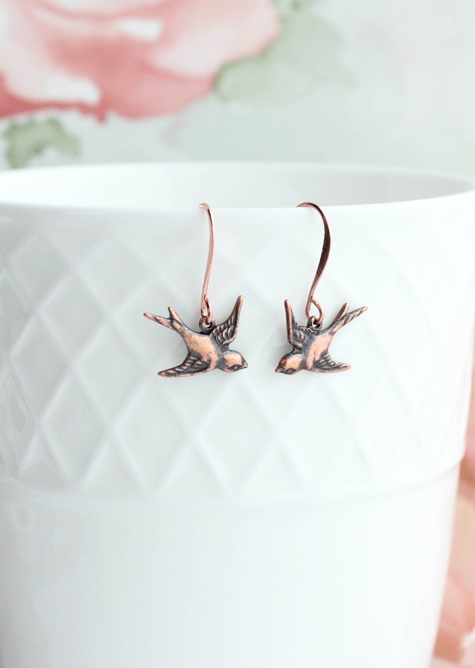 Flying Bird Earrings Small Drop Earrings Little Copper Earrings Rustic ...