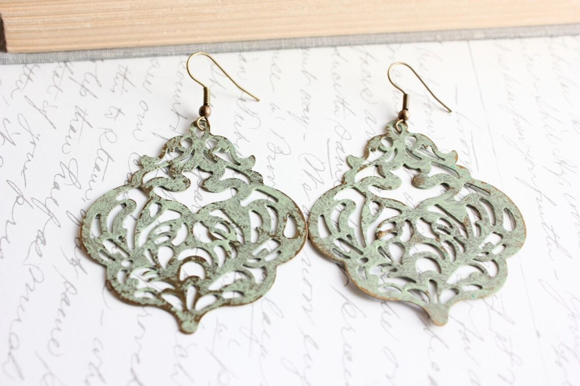Large Filigree Earrings Light Sage Green Patina Earrings Big - Etsy