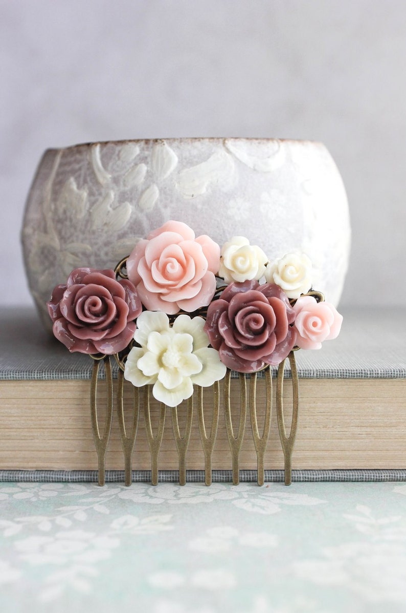 Blush Pink Rose Hair Comb Dark Dusty Rose Floral Collage - Etsy