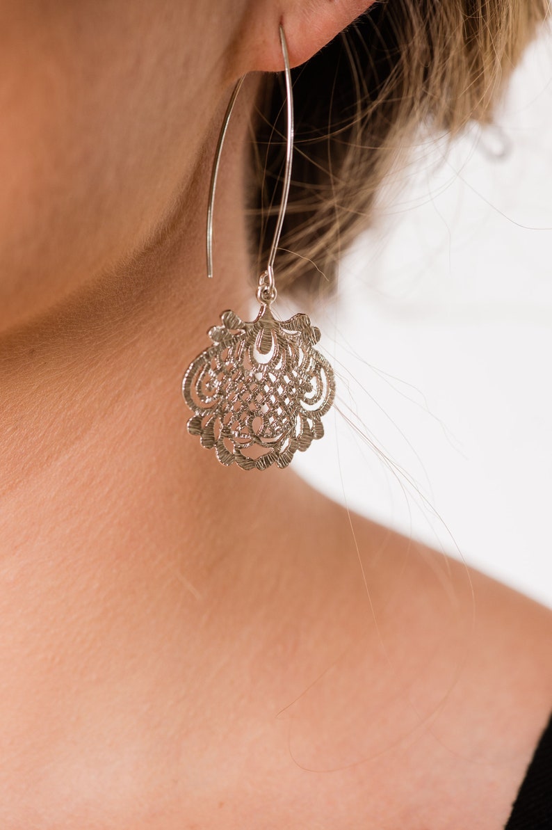 Long Filigree Earrings Silver Lace Drop Dangle Earrings | Etsy