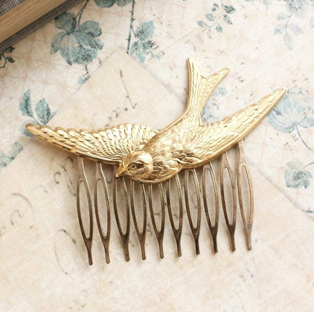 Gold Bird Comb Flying Swallow Hair Accessory Feather Wings Woodland ...