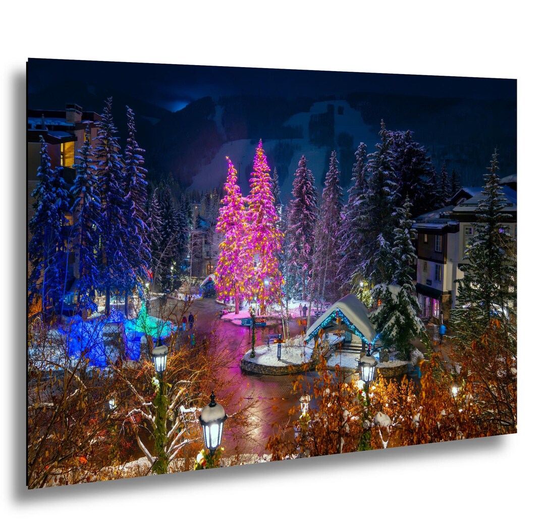 Vail Village at Night With Pink Holiday Lights and Snow Covered Trees ...