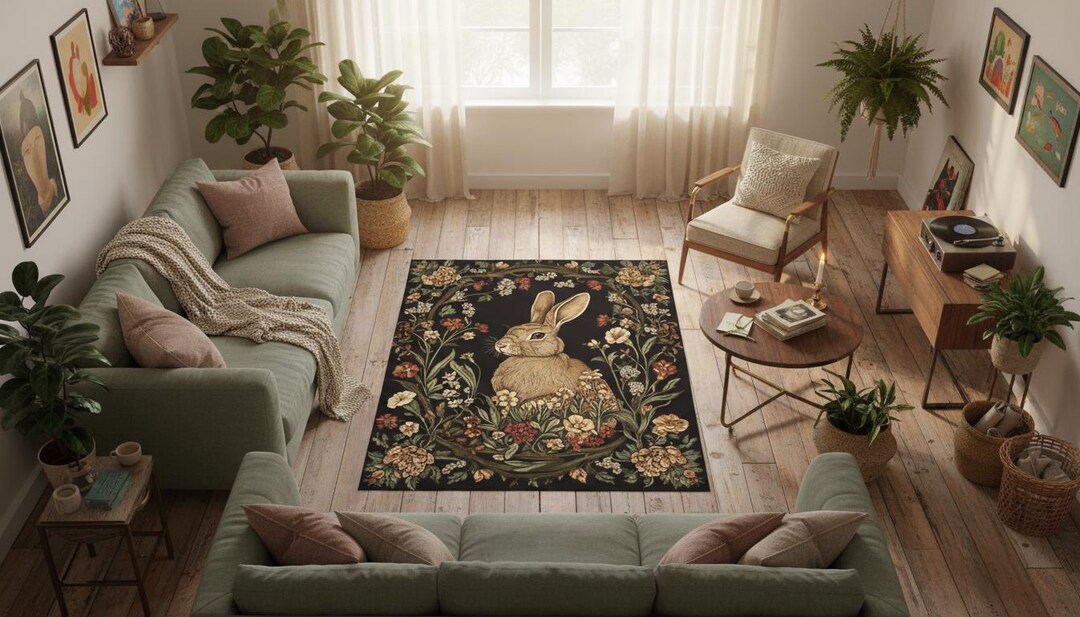Cottagecore Rabbit Boho Rug – Vintage Bunny Area Carpet | Whimsical ...