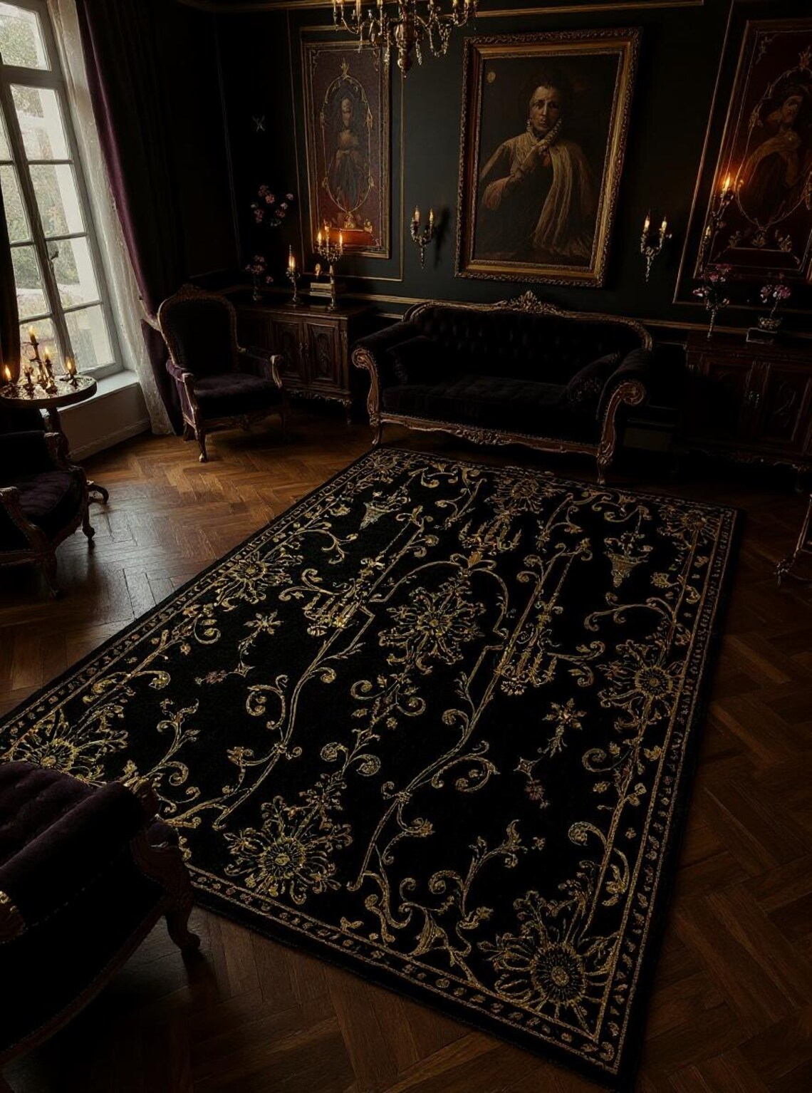 Victorian Baroque Rug, Elegant Black & Yellow Carpet, Luxury Home Decor ...