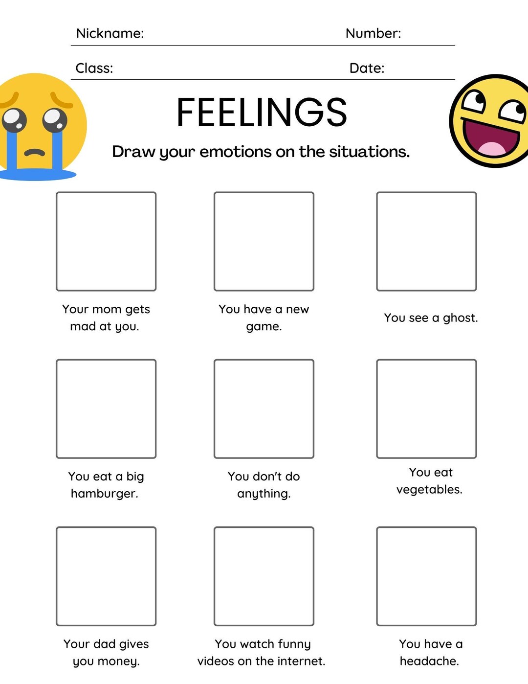 Drawing Feelings Worksheet | Emotion Identification for Kids ...