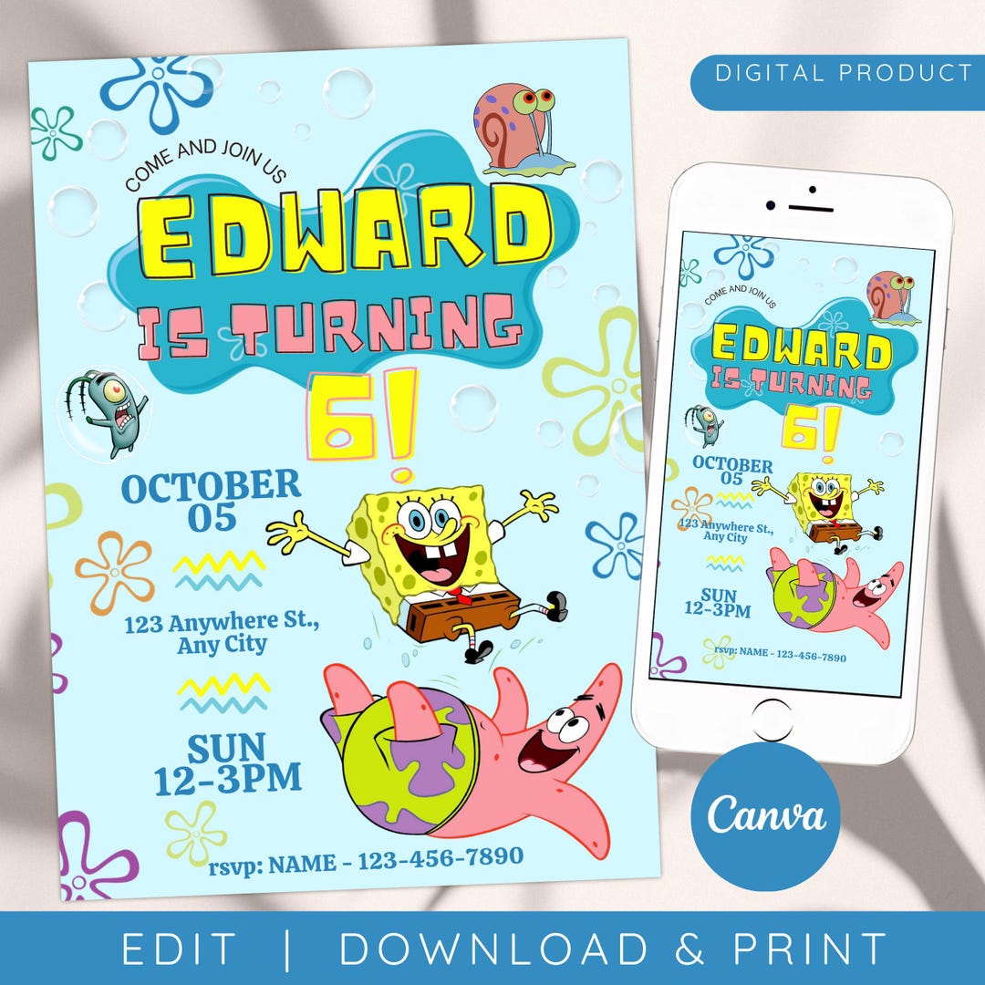 Spongebob Birthday Invitation, Spongebob Invitation, Digital Invitation ...