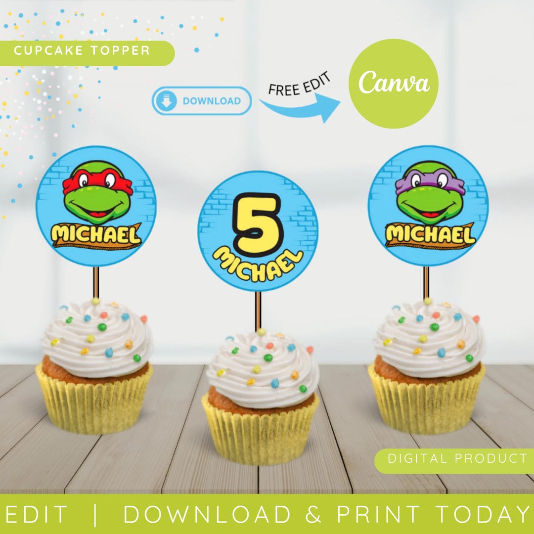 Editable Ninja Turtles Cupcake Toppers for Boy, Party Supplies Cupcake ...