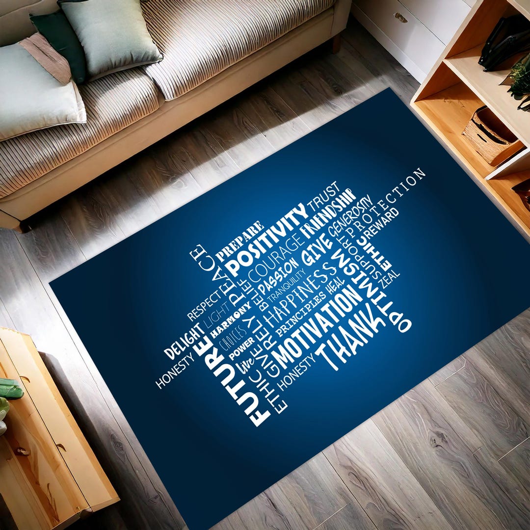 Inspirational Typography Turkish Rug – Modern Blue Motivational Words ...