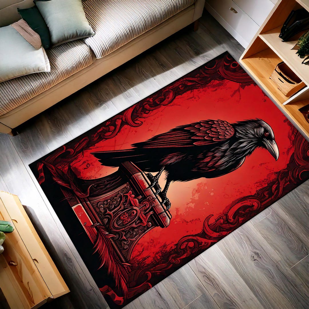 Raven Print Turkish Rug: Gothic Dark Red Crow Carpet, Witchy Decor - Etsy