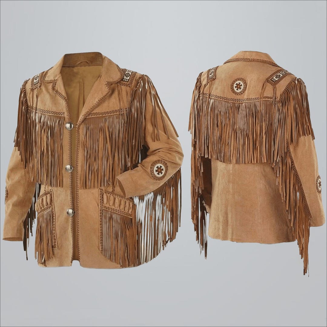 Men Tan Brown Suede Western Style Cowboy Leather Jacket With Fringe ...