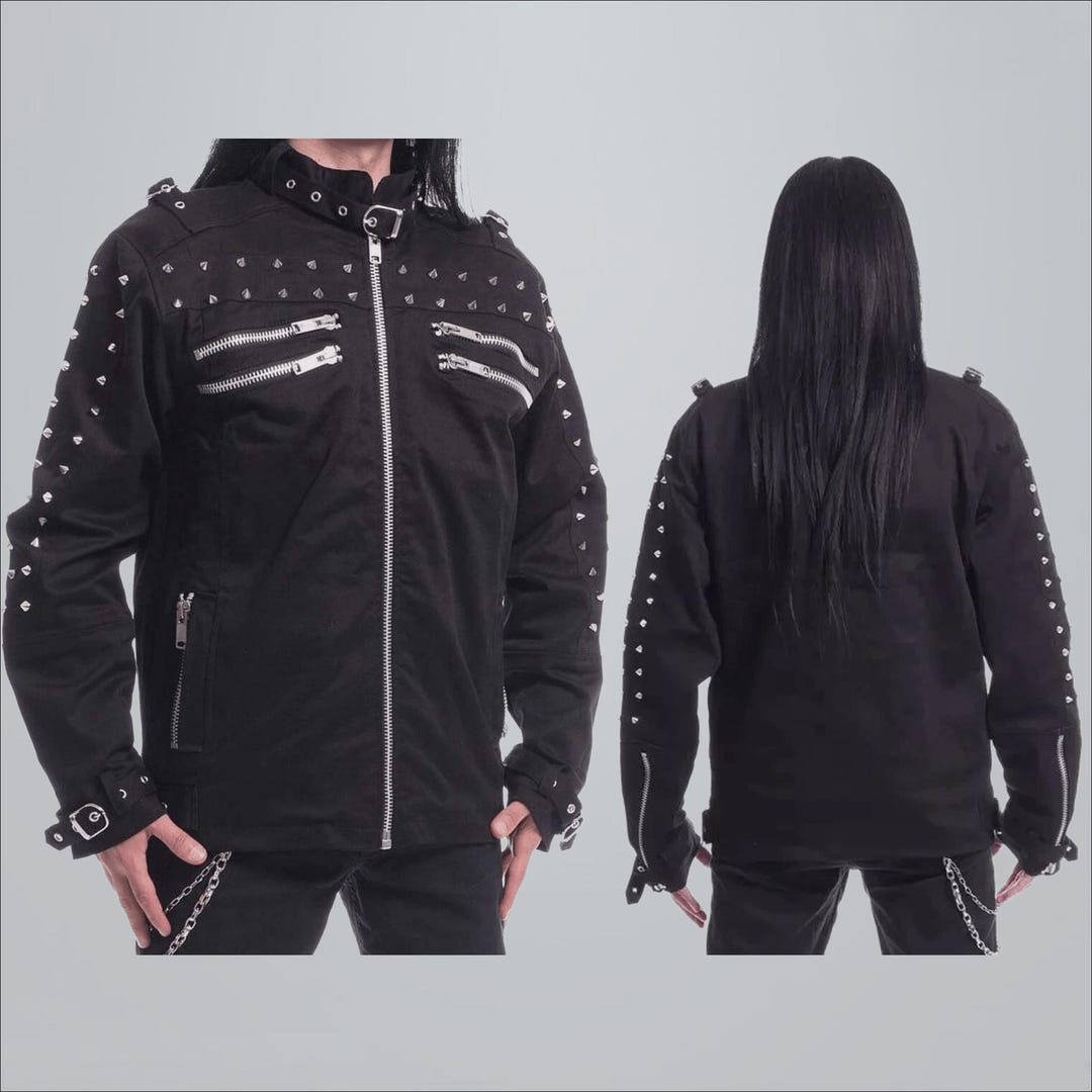 Men's Black Gothic Jacket Studded Zip Emo Cyber Punk Style Coat - Etsy