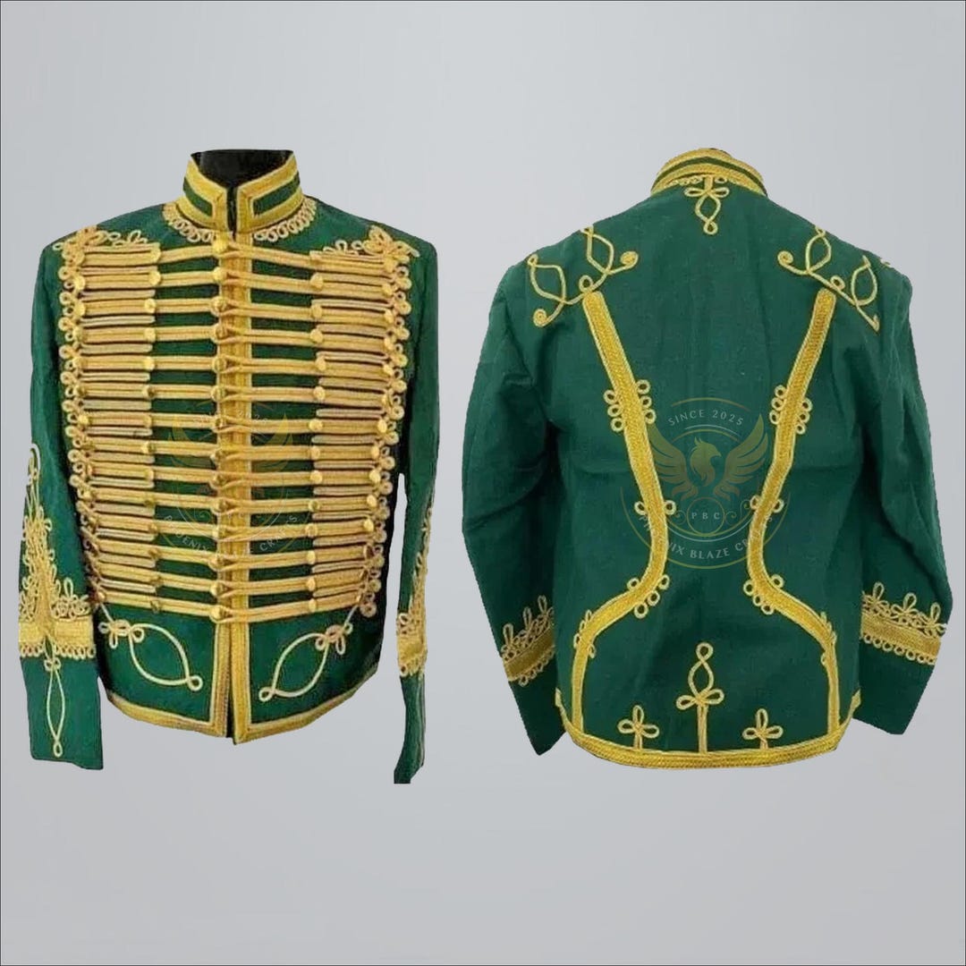 Men Green Cotton Hussar Military Jacket With Gold Braiding Band Parade ...