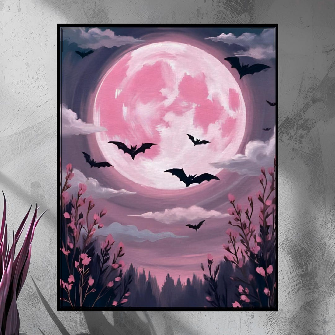 Pink Halloween Wall Art Printable, Spooky Aesthetic Decor, Pink Moon ...
