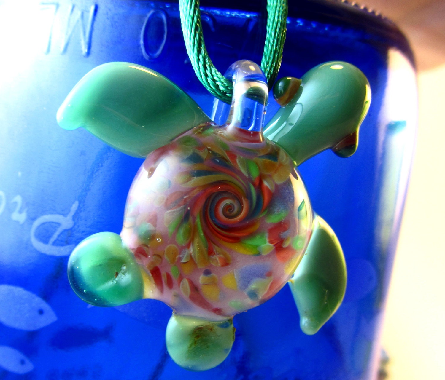 Pink Glass Turtle Necklace, Rainbow Swirl and Spiral with Adjustable ...
