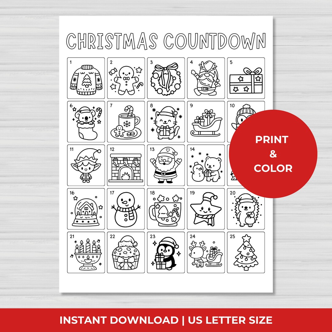 Christmas Countdown Coloring Page, Advent Calendar, Printable Activity ...