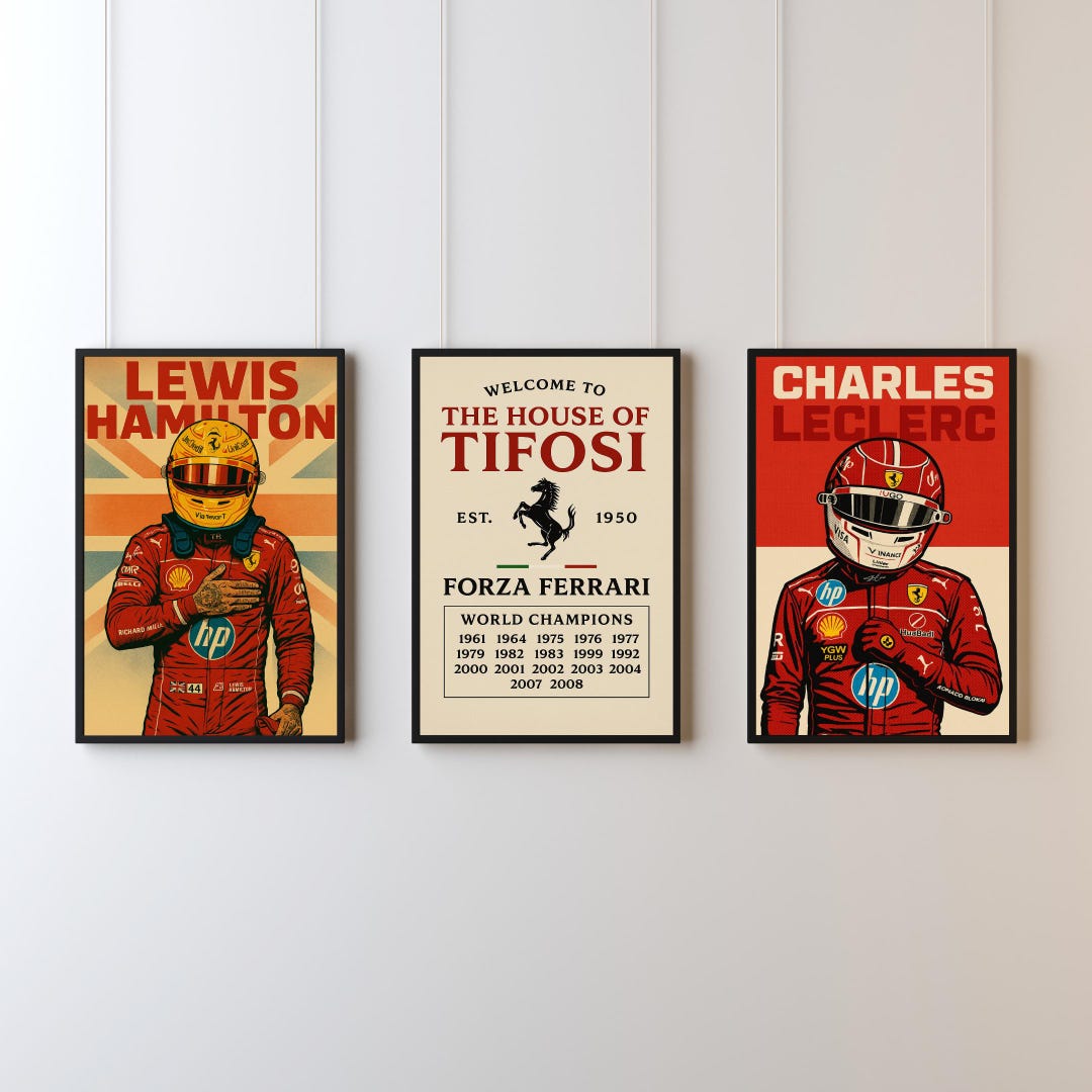 Ferrari F1 Poster Set: Hamilton, Leclerc & Scuderia Crest (digital ...