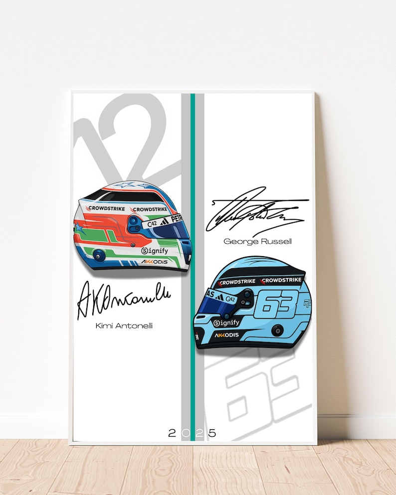 Mercedes F1 2025 Helmet Poster: Russell & Antonelli, Formula 1 Wall Art ...