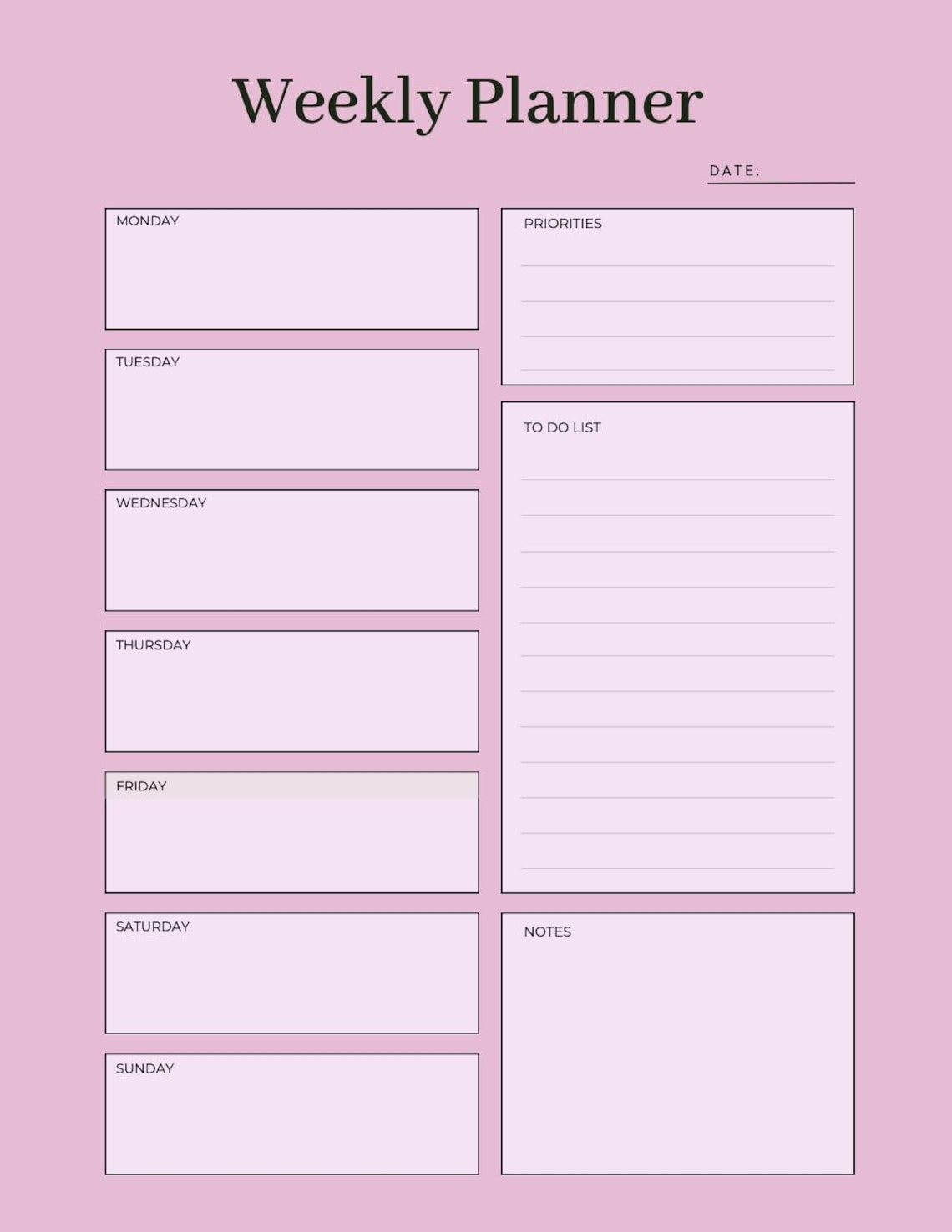 Weekly Planner Printable - Cute Pastel Pink PDF, Instant Download ...