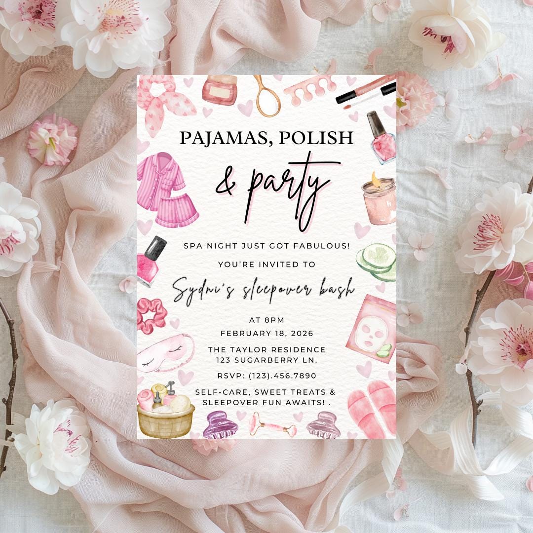 Spa Sleepover Party Invite, Girls Birthday Pajama Party Invitation ...