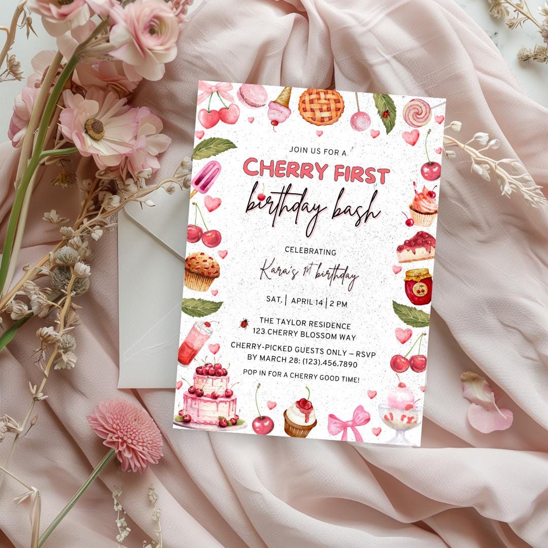 Cherry First Birthday Invitation, Editable Sweet One Girl Party Invite ...