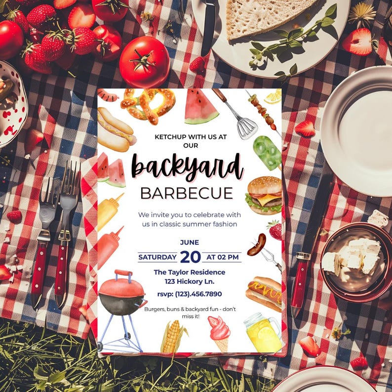 Backyard BBQ Invitation, Summer Grill Party Template, Picnic Cookout ...