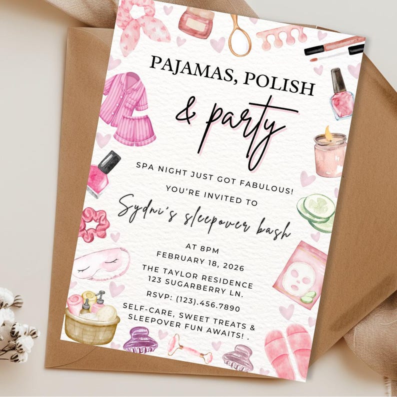 Spa Sleepover Party Invite, Girls Birthday Pajama Party Invitation ...
